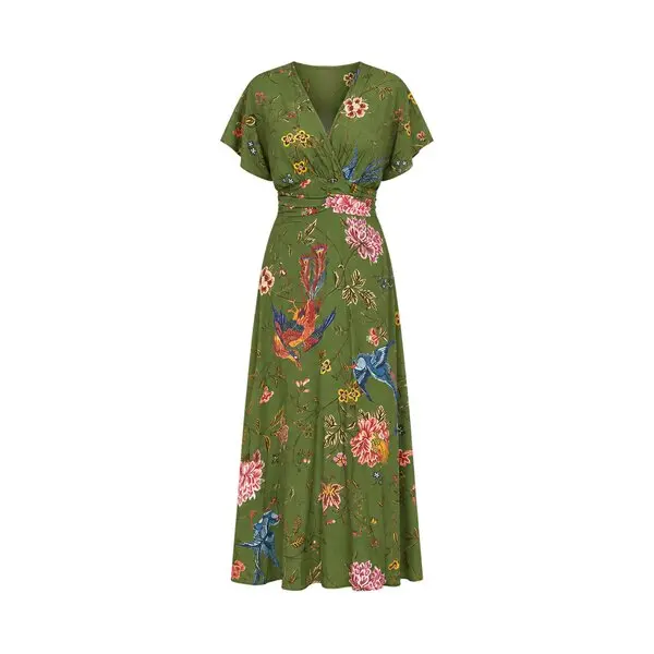 YUMI Floral Print Ruched Waist Kimono Midi Dress - Green