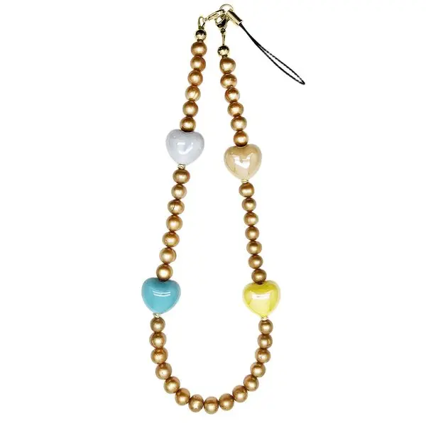 FARRA Golden Color Freshwater Pearls With Colorful Ceramic Hearts Phone Strap - Gold