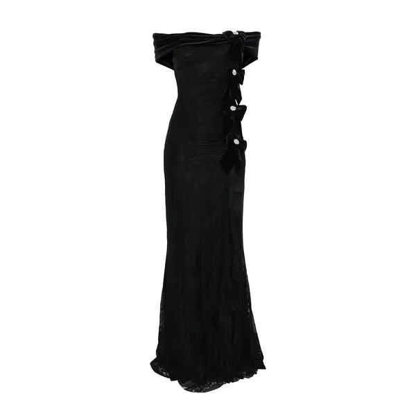 NISSA Bow-detail Lace Maxi Dress