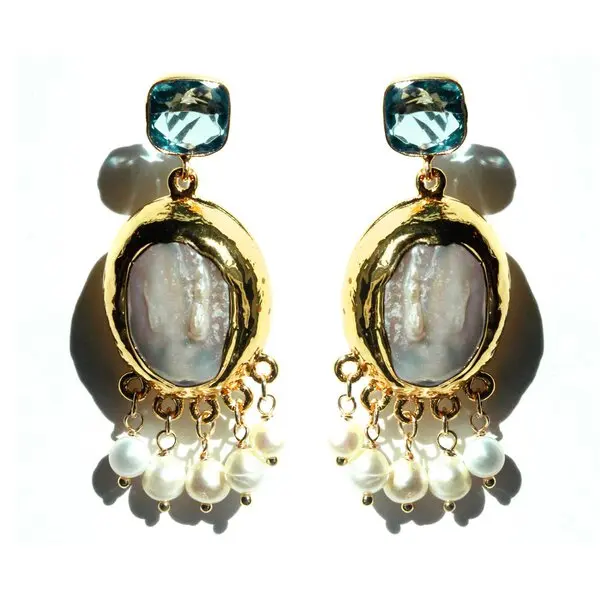 EDGAR NAVARRO JEWELRY Edgar Navarro Aquamarine And Baroque Pearl Drop Earrings - White/blue/gold