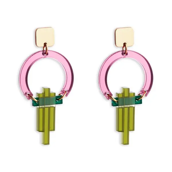TOOLALLY Petite Art Deco Chandelier Earrings - Green/gold/pink