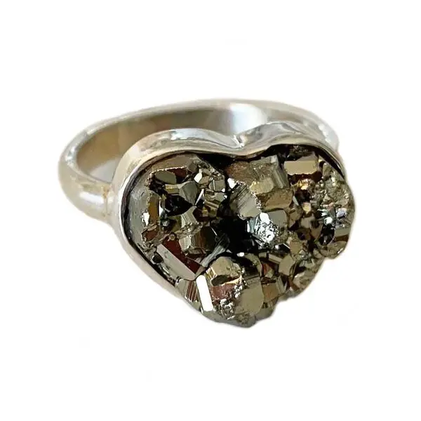 GLAMROCKS JEWELRY Heart Shaped Pyrite Gemstone Ring - Silver/gold