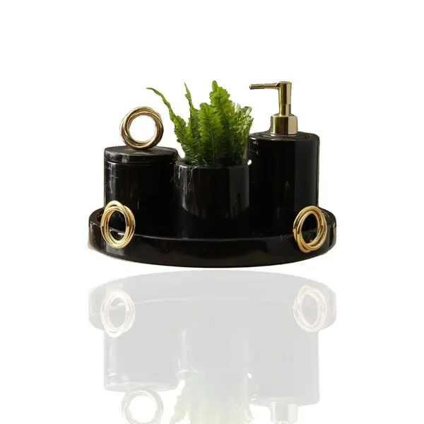 MARLETH Gold / Black Four-pieces Luxury Black Marble Bathroom Set, Gold Ring