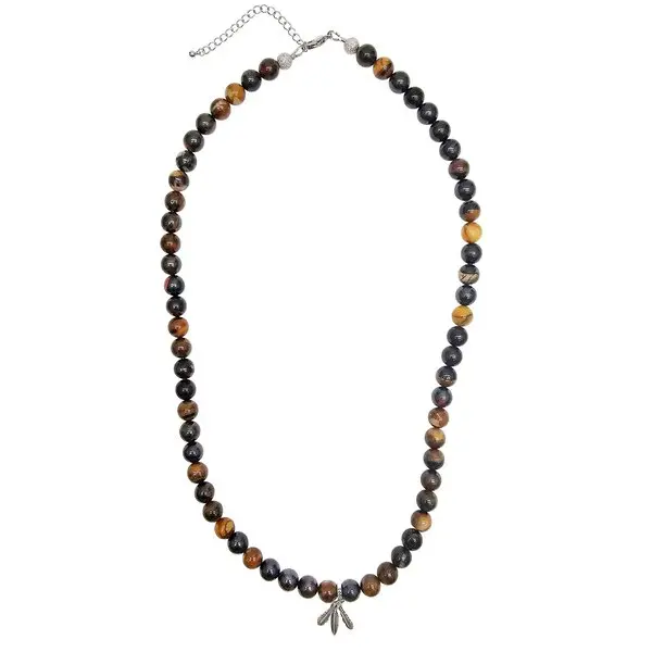 FARRA Iron Tiger-eye Stone Necklace With Silver Feather Pendant - Brown