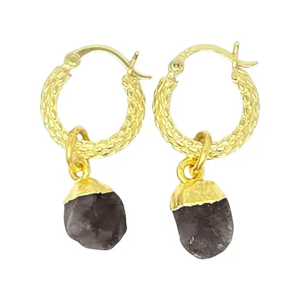 HARFI Gold Vermeil Huggie Hoop Earrings With Raw Herkimer Diamond Pendants - Gold/grey