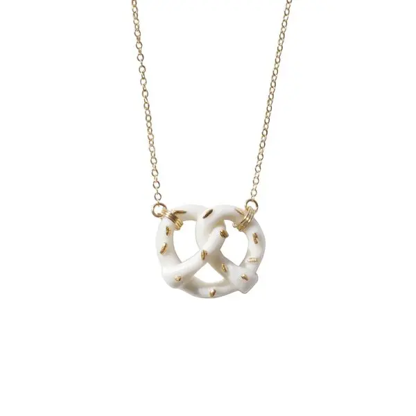 POPORCELAIN Mini Porcelain Pretzel Pendant Necklace - White/gold