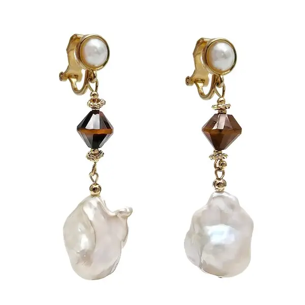 FARRA Baroque Pearl And Tiger Eye Clip-on Dangle Earrings - White