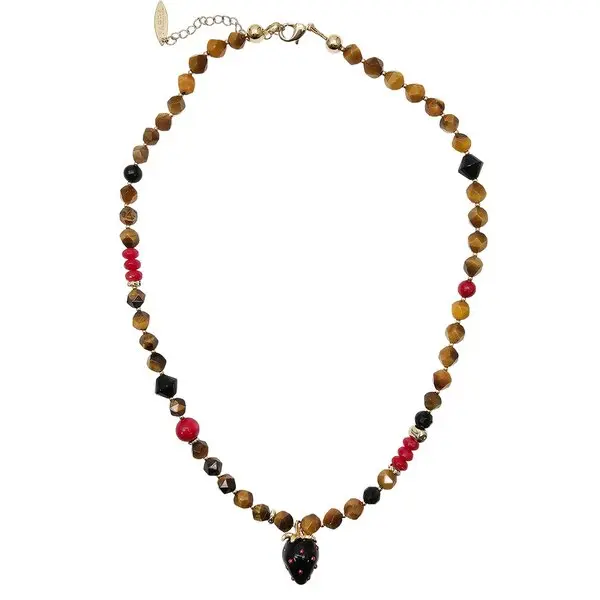 FARRA Tiger Eye, Bamboo Coral, And Strawberry Pendant Necklace - Brown