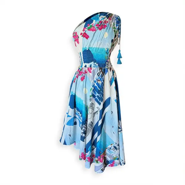PICK HAPPY One Shoulder Hand-block Printed Dress - Blue
