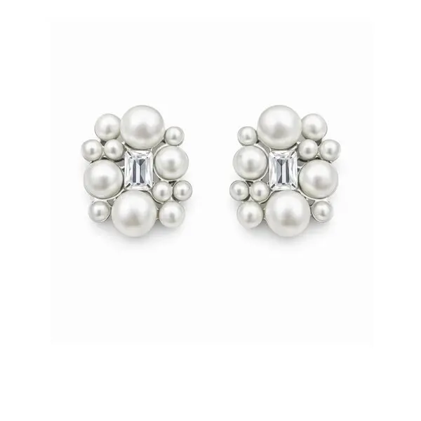 MAISON DE GALA Pearl And Crystal Cluster Stud Earrings - Silver