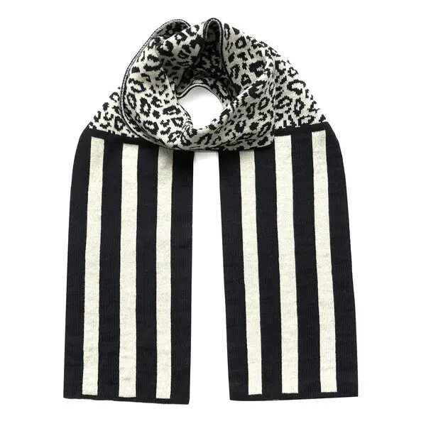 INGMARSON White / Black Leopard With Stripes Wool & Cashmere Scarf - White/black