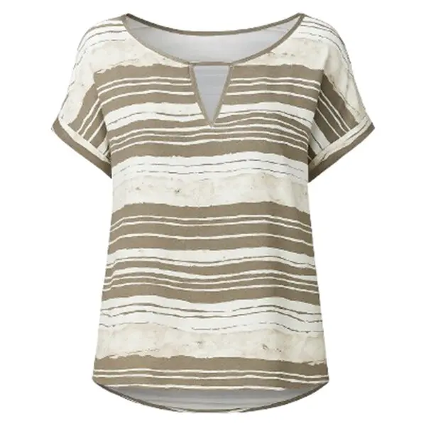 CONQUISTA Short Sleeve Striped Keyhole Top