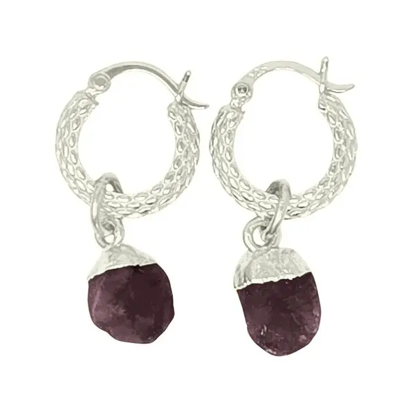 HARFI Raw Garnet Huggie Hoop Earrings - Red/silver