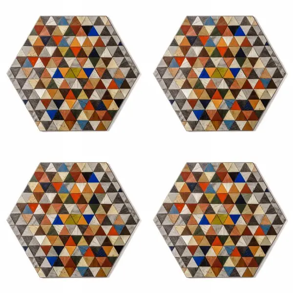 E. INDER DESIGNS Four Hexagonal Coasters In Colourful Mosaic Boho Chic Design. With Heat Resistant Melamine Coating - Green