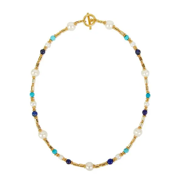 GEM BAZAAR JEWELLERY Lapis Lazuli, Pearl, And Turquoise Necklace With Gold Accents - Gold/blue/white