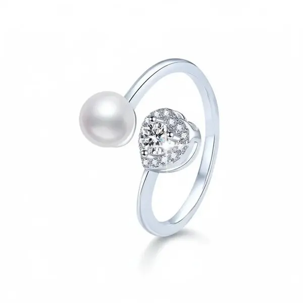 ANGEL BAROCCO Heart Diamond Pearl Adjustable Ring - Silver