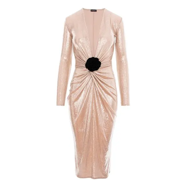 ROSERRY Mallorca Knit Jersey Midi Dress With Rosette - Gold