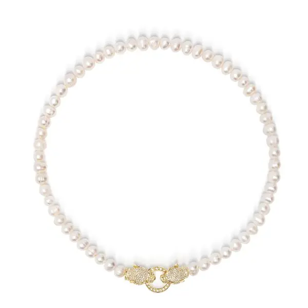 NIALAYA JEWELRY Pearl Choker With Panther Head Lock - White/gold