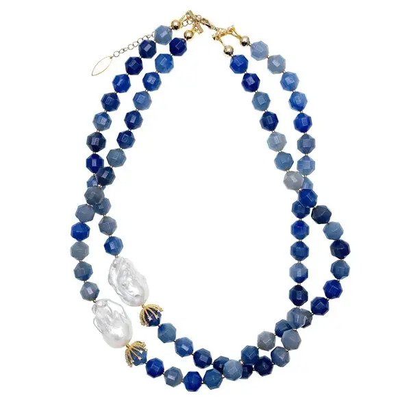 FARRA Blue Aventurine And Baroque Double Strand Necklace - Blue/white