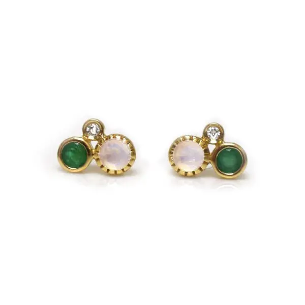 LA KAISER 14kt Emerald, Rainbow Moonstone & Diamond Stud Earrings - Gold
