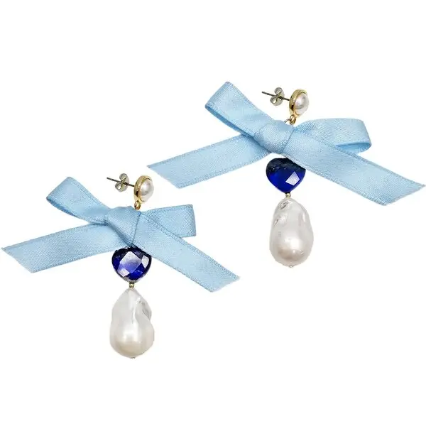 FARRA Baroque Pearl With Lapis And Silk Bowknot Earrings - Blue