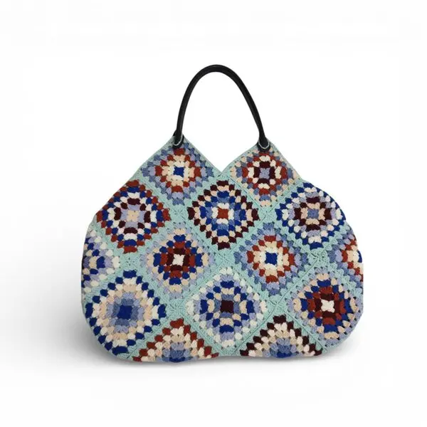 SPRINGMOONATELIER Handmade Crochet Plaid Tote - Blue