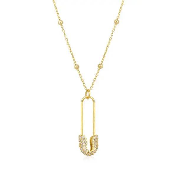 SPERO LONDON Pave Safety Pin Necklace With Beaded Chain - Gold