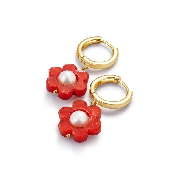 TOOLALLY Flower Pearl Huggie Earrings - Red/gold/yellow