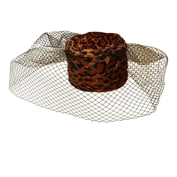 ROMER MILLINERY Leopard Print Velvet Pill Box Hat With Veil - Black