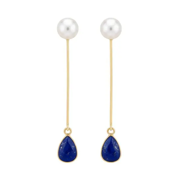 LINYA JEWELLERY Natural Lapis Pearl Dangle Earrings - Gold