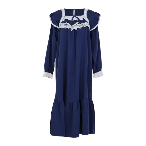 LUNALUZ Helen Cotton Square-neck Long-sleeve Nightdress - Blue