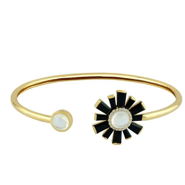 ARTISAN 18k Yellow Gold Open Bangle With Moonstone, Spinel, And Diamond - White/black/gold