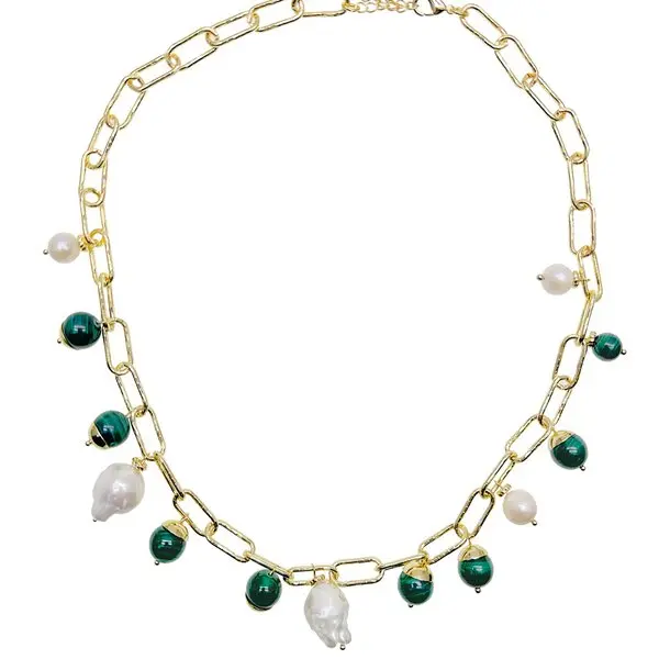 FARRA Malachite And Pearl Chain Necklace - Green