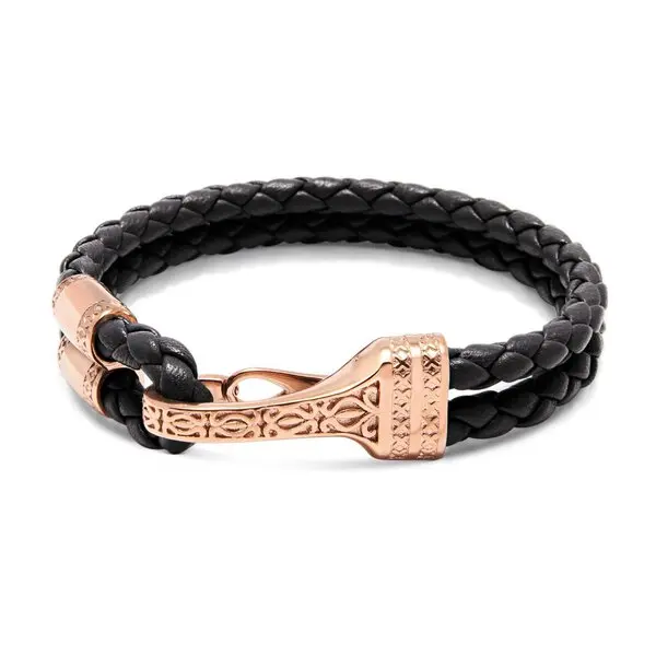 NIALAYA JEWELRY Braided Leather Bracelet With Rose Gold Bali Clasp - Black/rose Gold