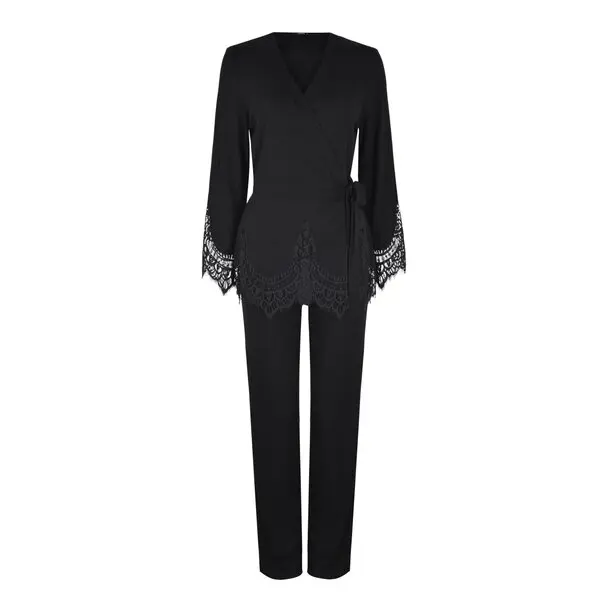 OH!ZUZA NIGHT&DAY Opera Long Wrap Pajama Set With Lace - Black