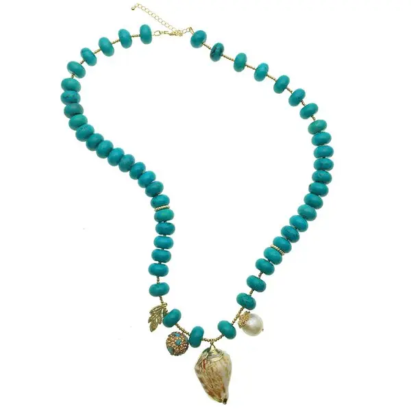 FARRA Turquoise, Pearl And Brass Charm Necklace - Blue