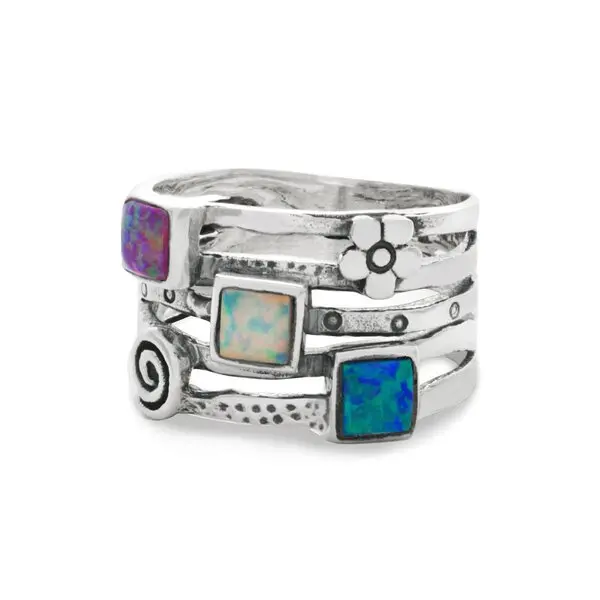 ISLA SILVER Sterling Silver Fire Opal Stacking Ring - Blue/silver