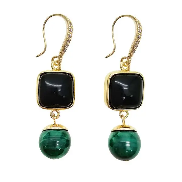 FARRA Square Black Obsidian And Malachite Earrings - Green