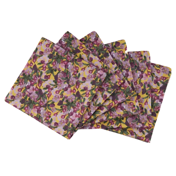 SOPHIE WILLIAMSON DESIGN Pink / Yellow Set Of Six Napkins In Romantic Pink Cherry Blossom Flower Print On Yellow - Pink/yellow