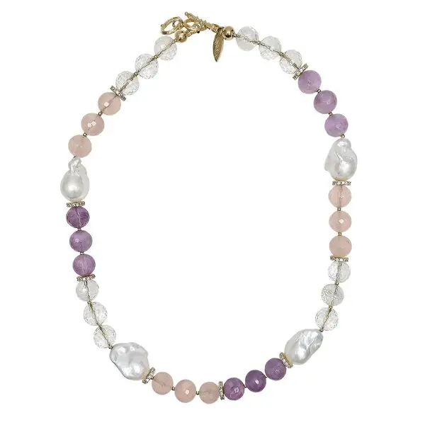 FARRA Rose Quartz, Amethyst, And Baroque Pearl Necklace - Pink