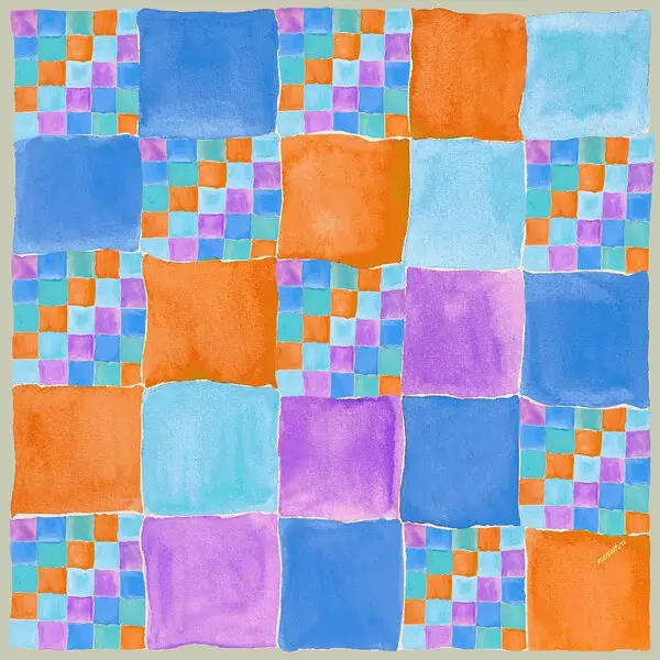 MARAETHRA Ascending Grid Cotton Square Scarf Blue Orange - Blue/orange