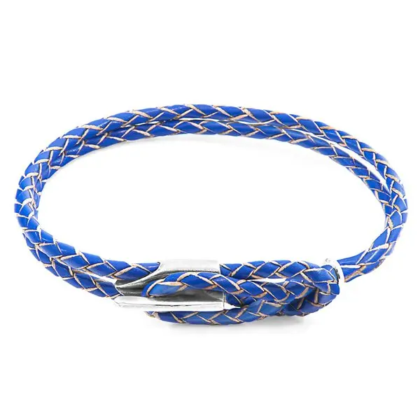 ANCHOR & CREW Braided Leather Bracelet With Sterling Silver Bar-hook Cleat - Blue/silver