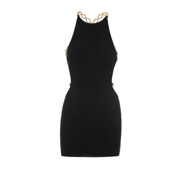 NISSA Backless Knitted Mini Dress With Chain Detail - Black