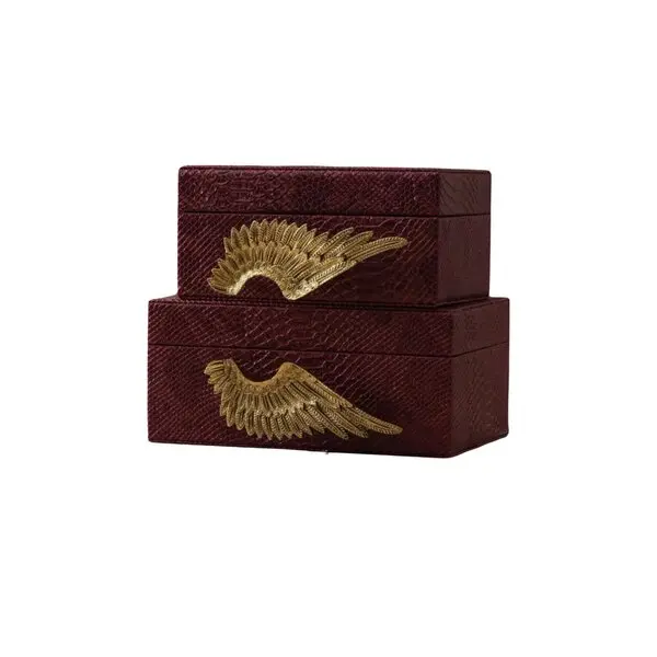 MARLETH Set Of Two Leather Storage Boxes With Brass Wing Handles - Gold/red