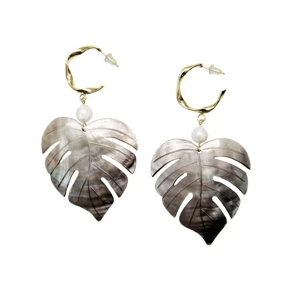 FARRA Shell And Pearl Leaf Earrings - Black