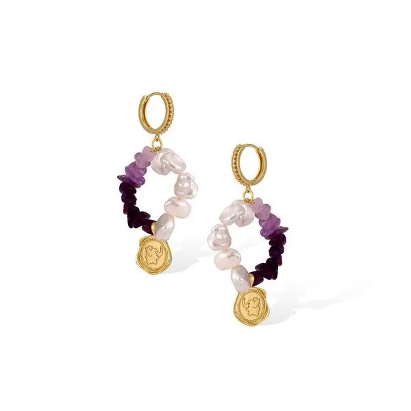 RETRO CHIC Crystal And Pearl Dangle Earrings - Purple/white/gold