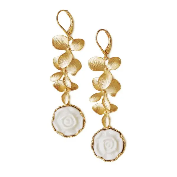 POPORCELAIN Moonlight Rose & Triple Leaves Drop Earrings - White
