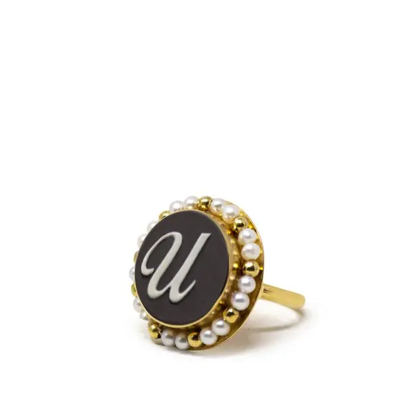 VINTOUCH ITALY Initial Cameo Ring With Pearls - Gold/black
