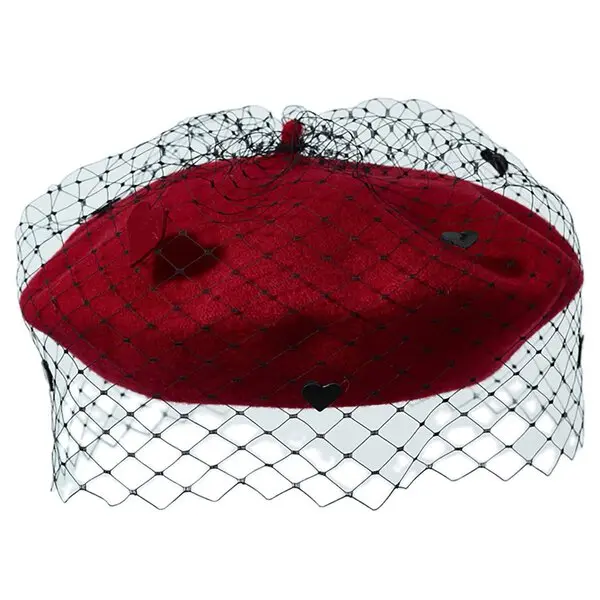 MISA HARADA MILLINERY Floe Heart Veiled Beret - Red