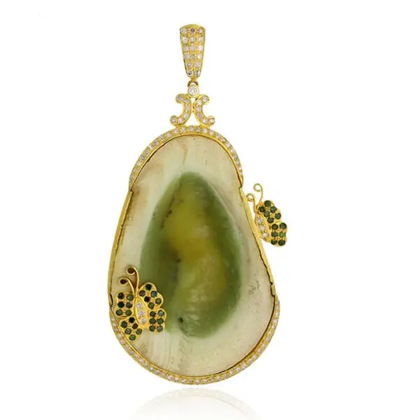 ARTISAN Carved Jasper And Diamond Butterfly Pendant In 18k Yellow Gold - White/gold/yellow